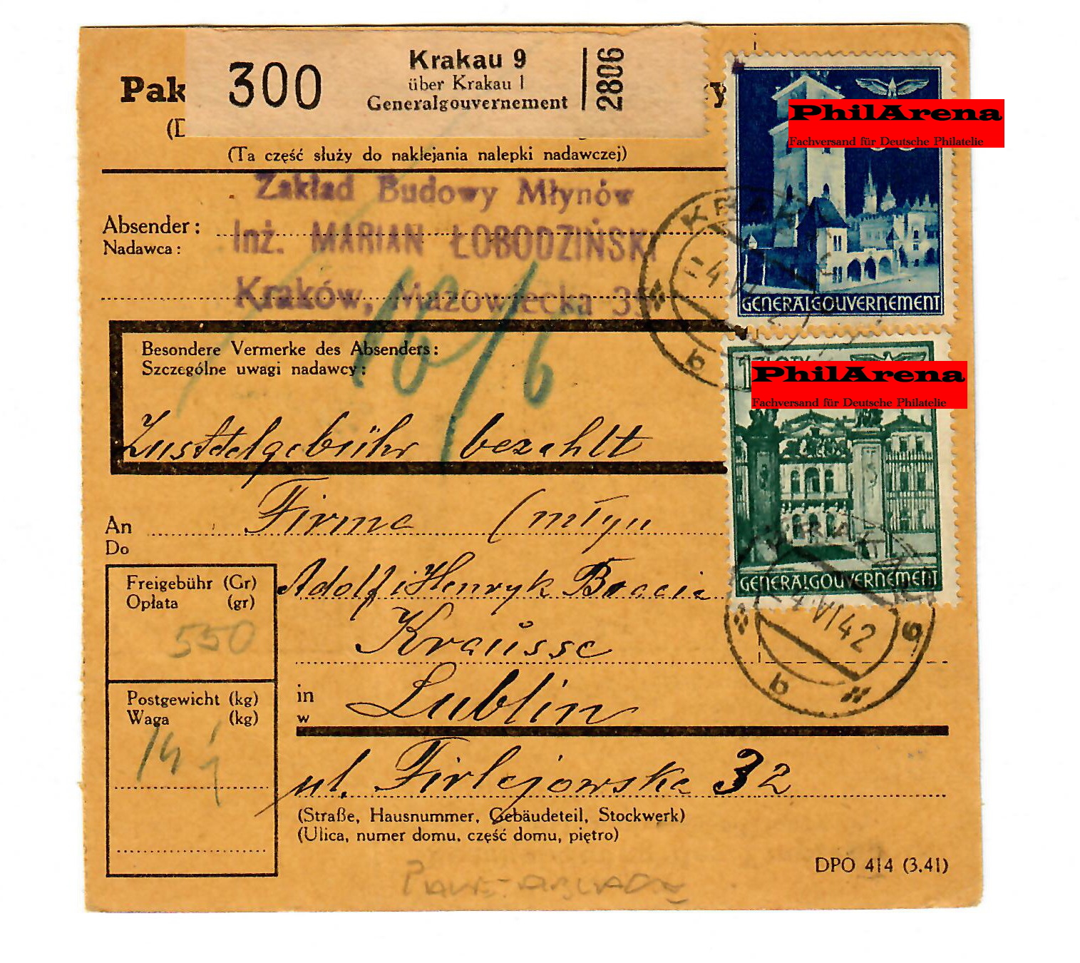 Generalgouvernement GG: Inland Paketkarte nach Lublin 1942 ...