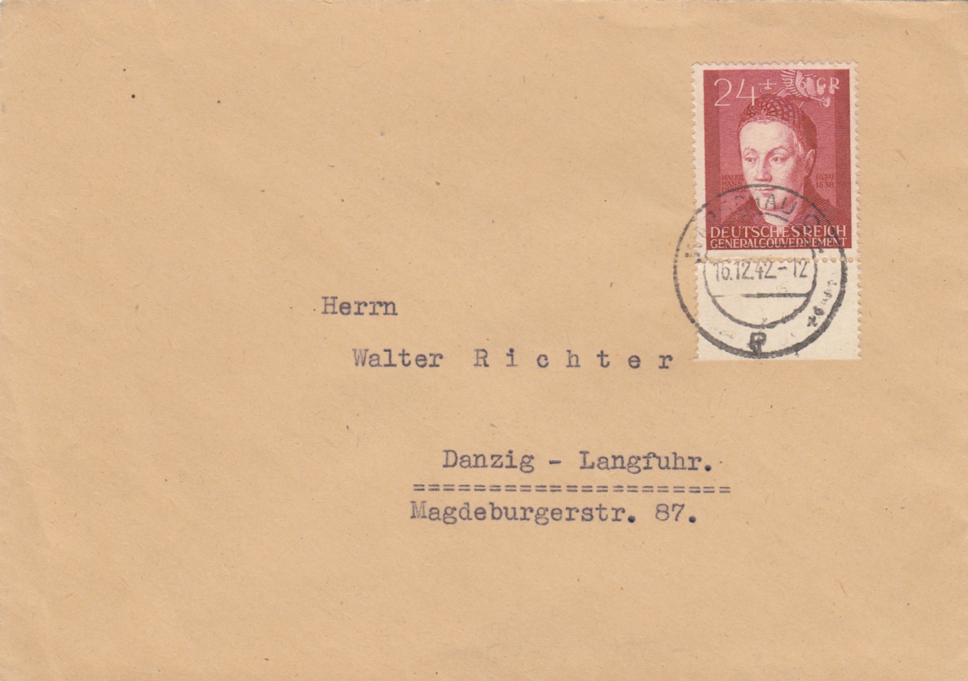 GG: Brief mit EF Bedeutende Deutsche, portogerecht nach Danzig-Langfuhr ...
